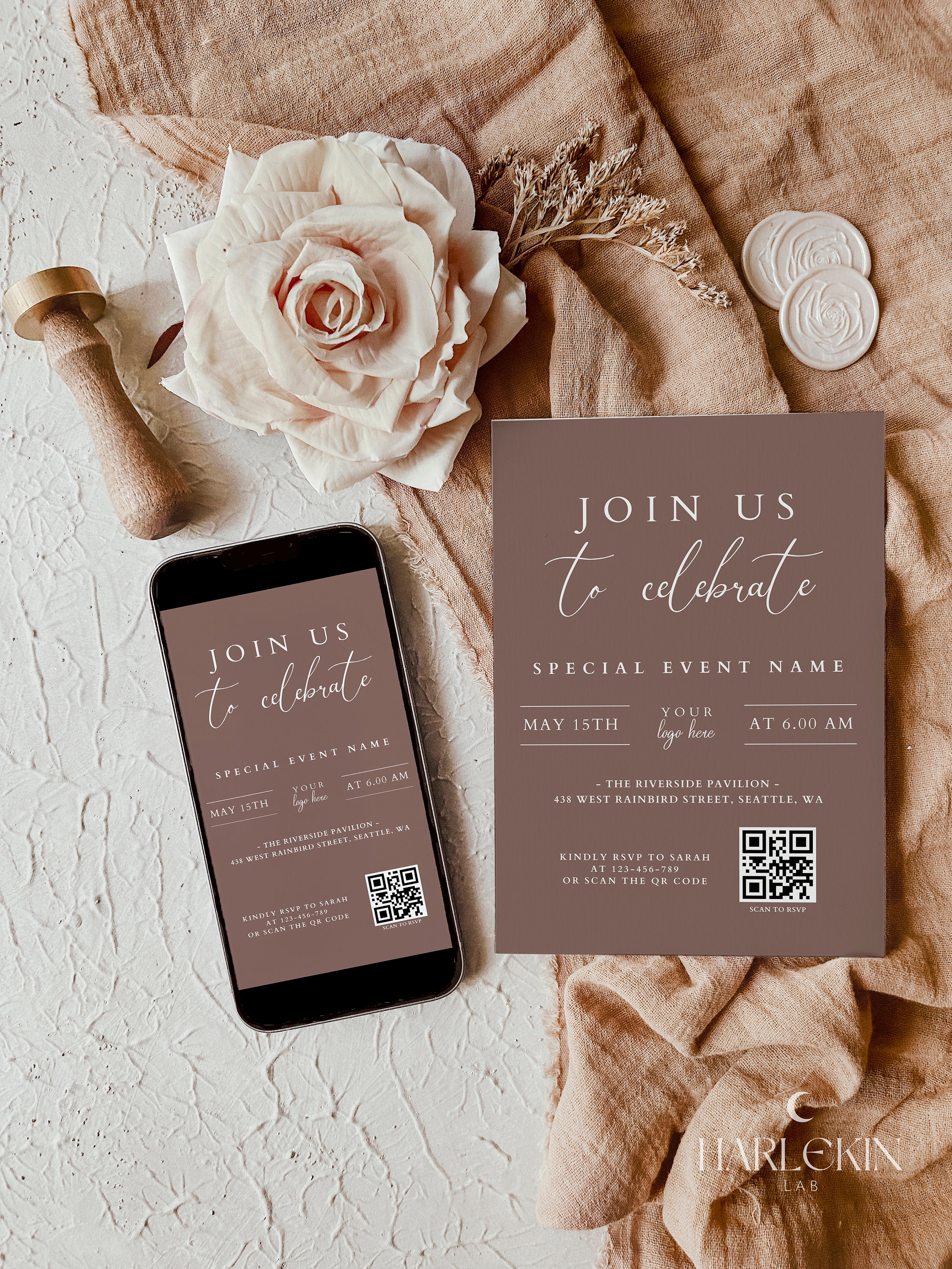 Boho Business Invitation Template, DIY QR Code Special Event Invitation ...