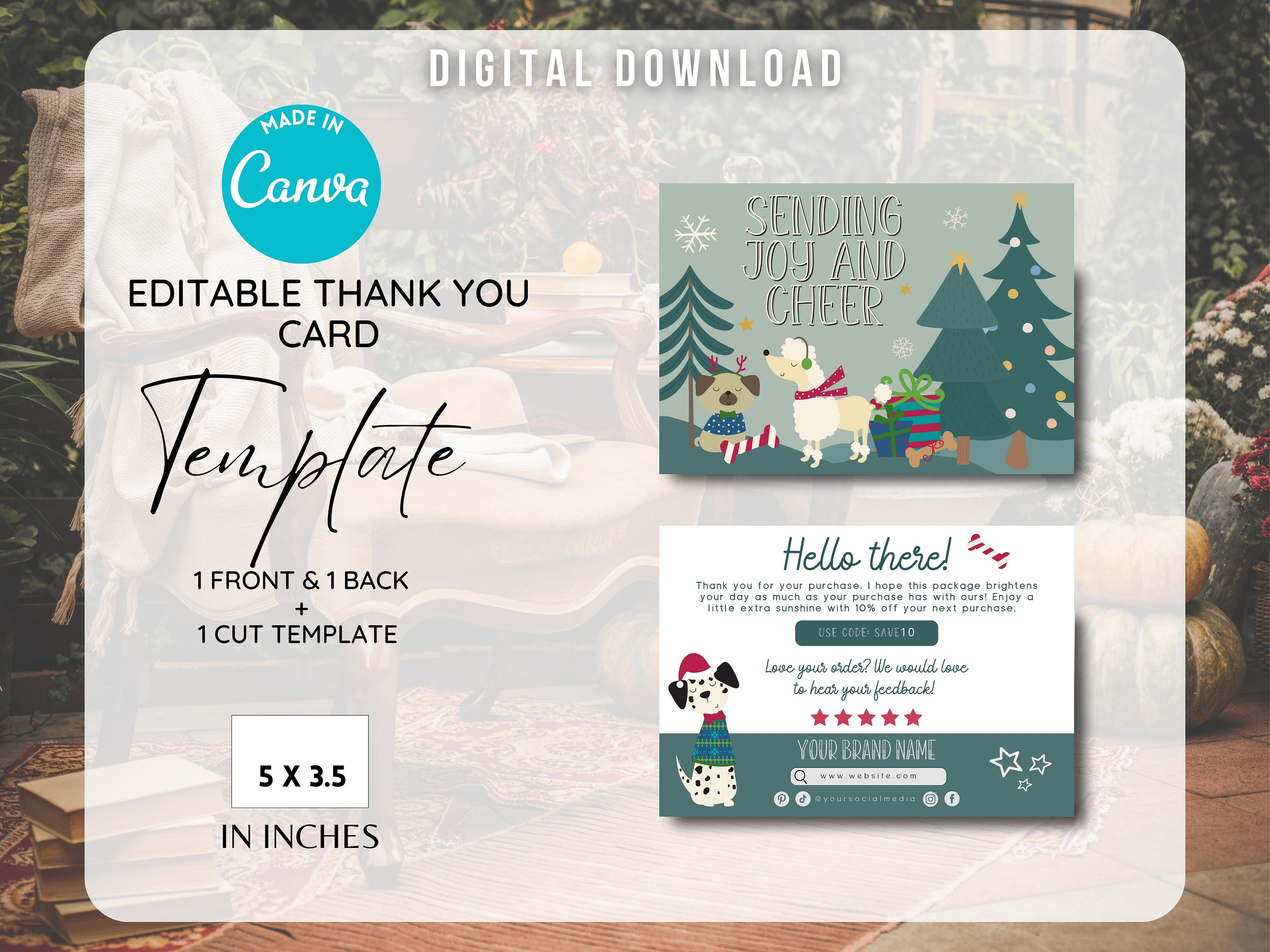 Editable Christmas Dog Thank You Card, Customizable Thanks Note, Cute ...