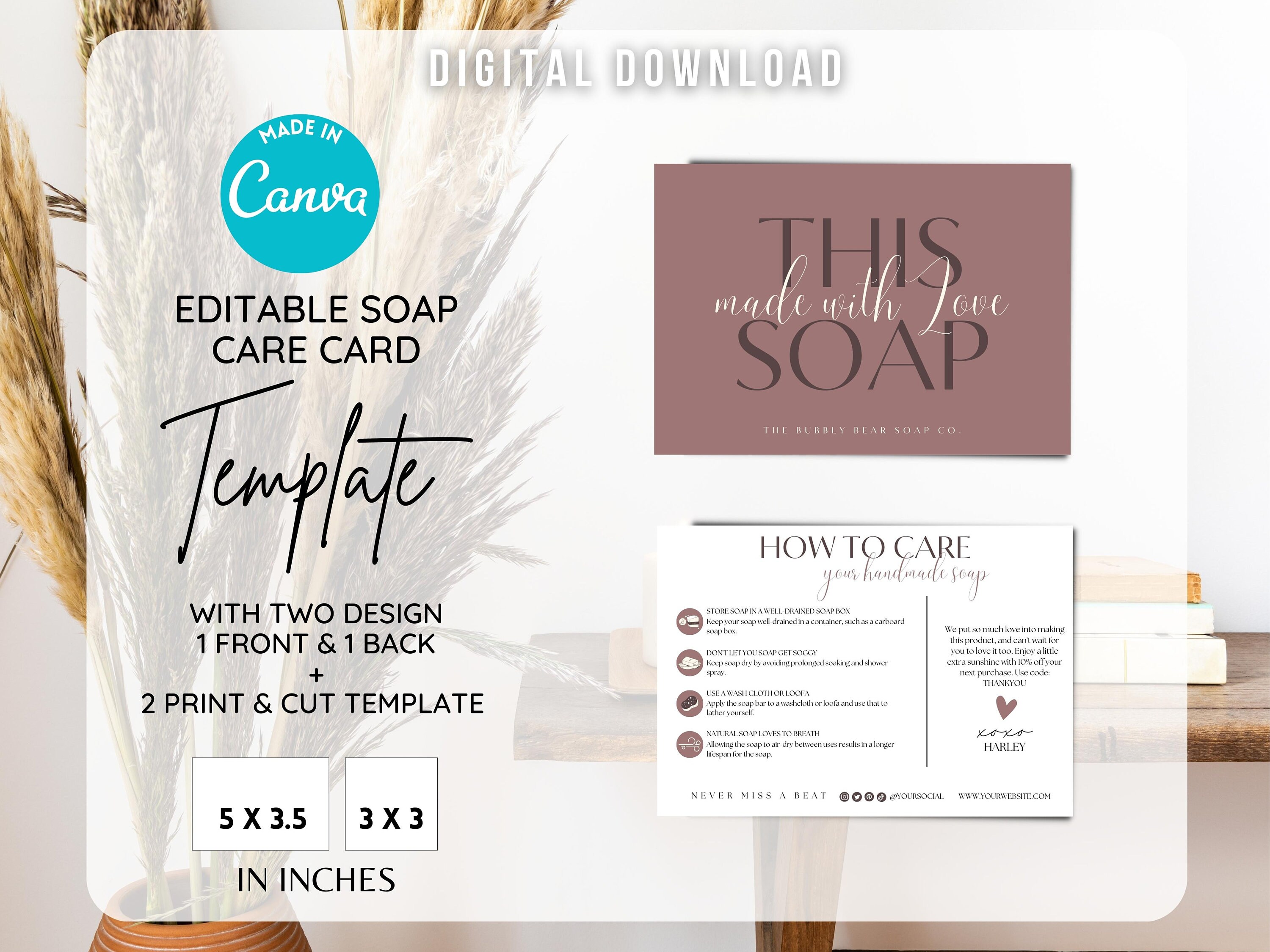 Handmade Soap Care Card Template, Editable Business Thank You Card ...