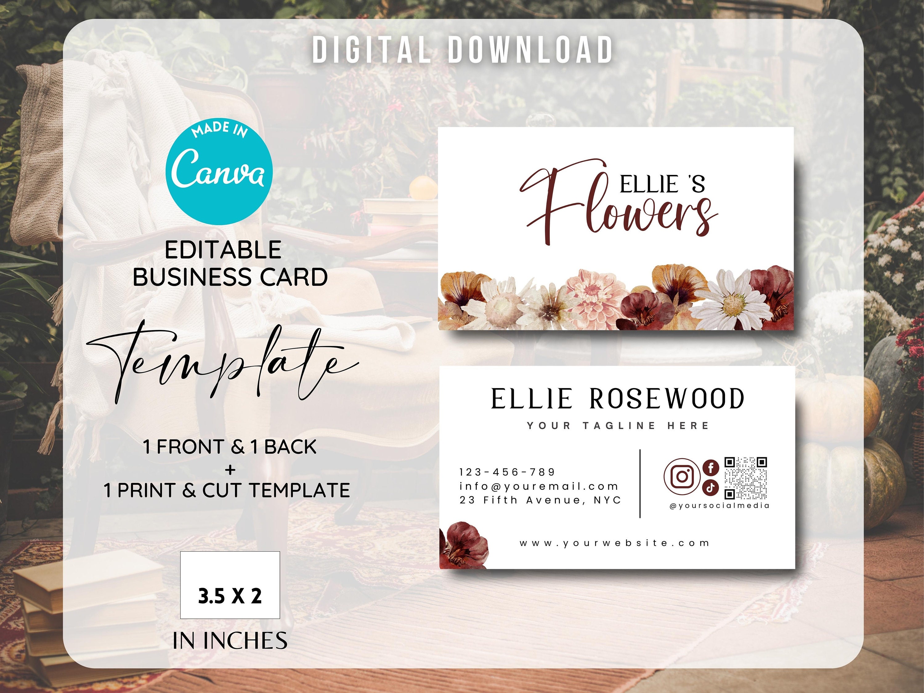 Editable Florist Business Card Name Card Template Instant - Etsy