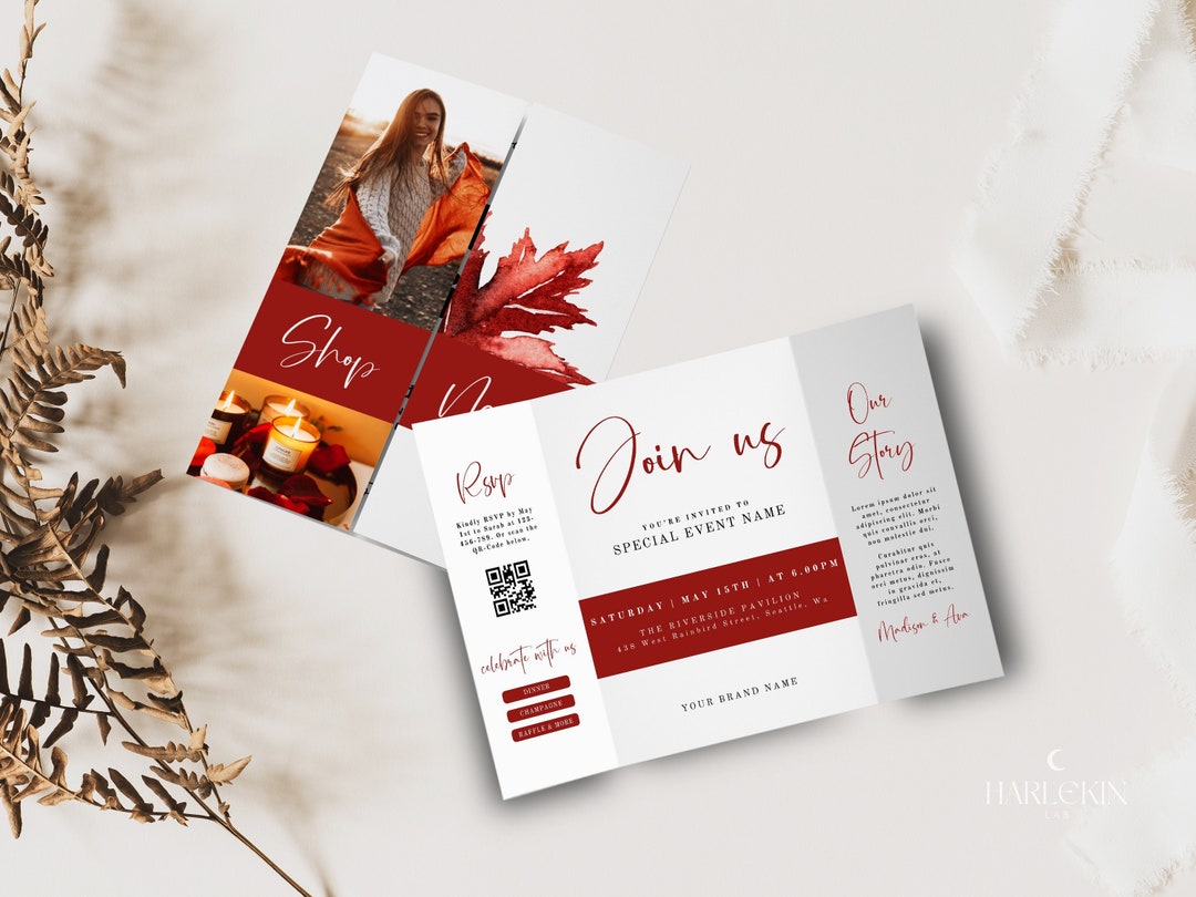 Gatefold Fall Grand Opening Business Invitation Template, DIY Autumn ...
