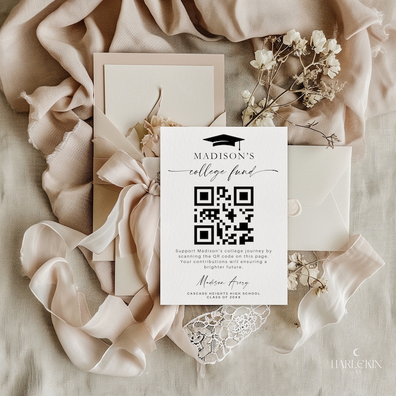 Editable Modern College Fund Card Template, DIY Grad Party QR Code ...
