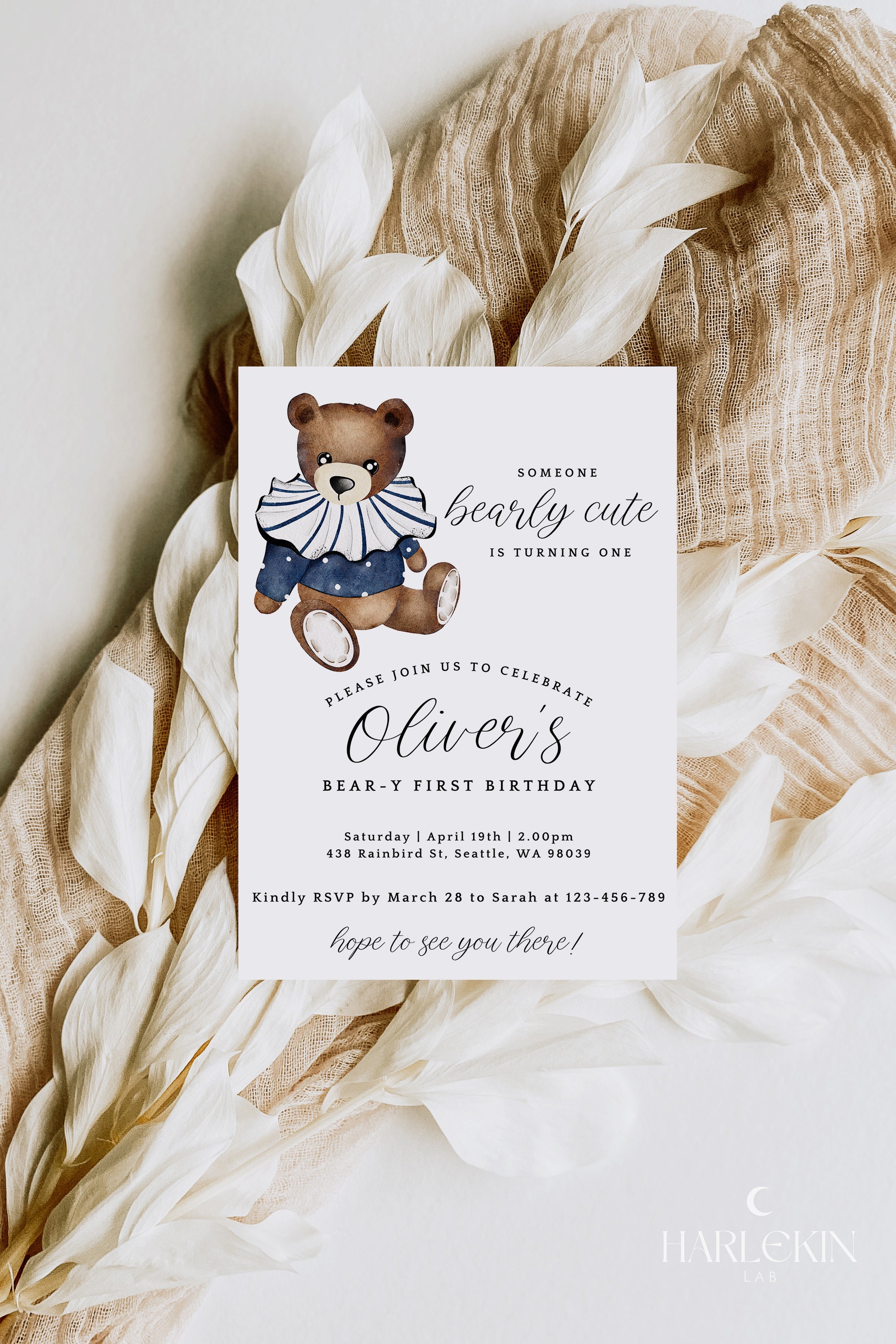 Editable Minimal Bear Birthday Invitation, DIY Beary 1st Birthday Baby ...