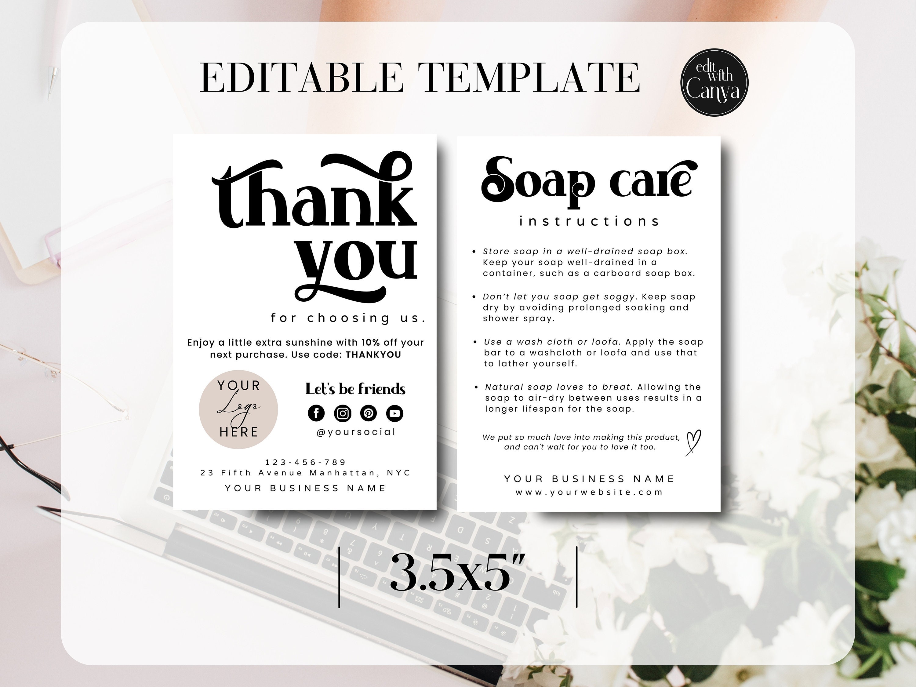 Handmade Soap Care Card Template, Editable Business Thank You Card ...