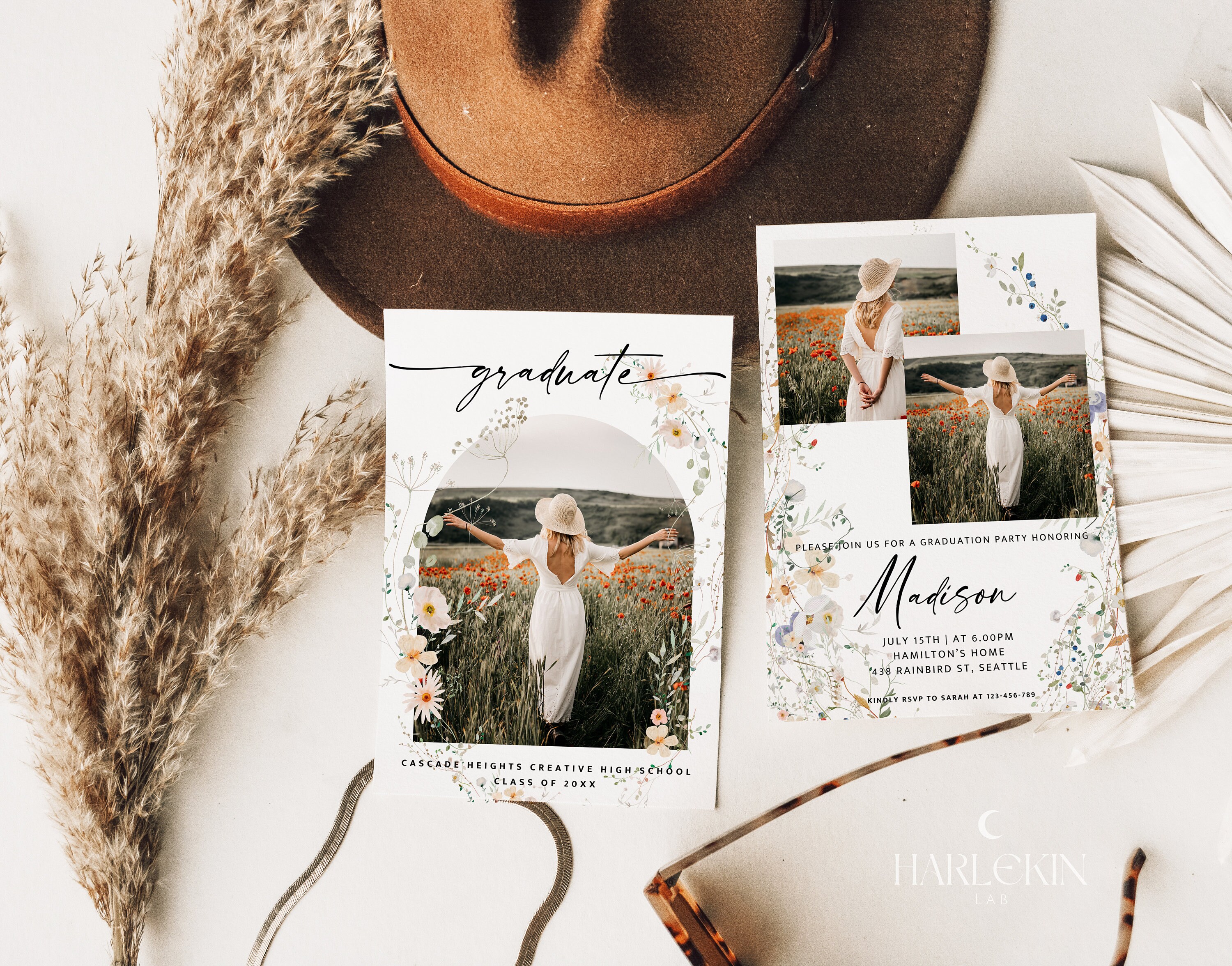 Editable Boho Graduation Announcement Card, DIY Senior Announcement ...