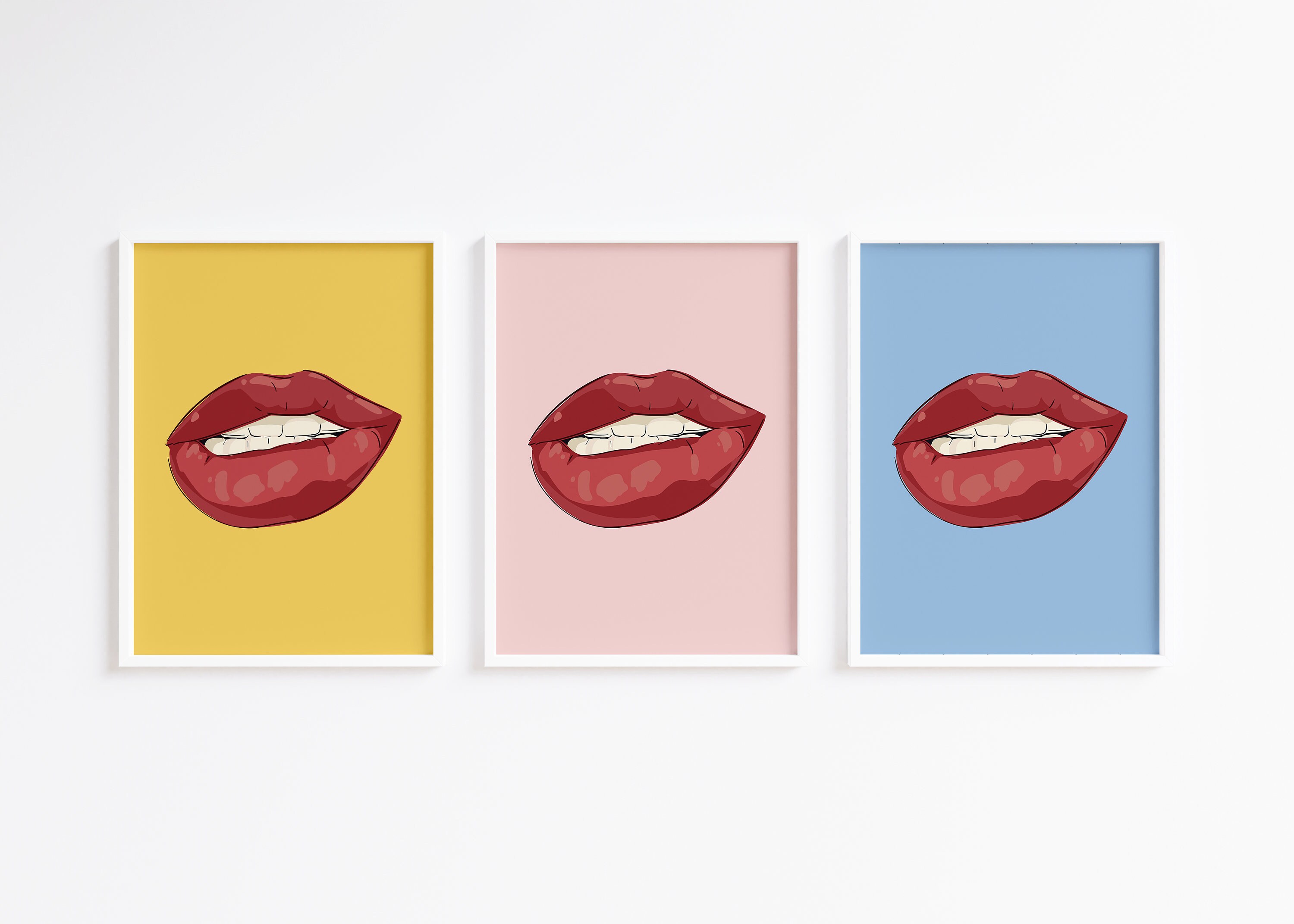 SET OF 3 Retro Lip Posters, Yellow Pink and Blue, Vibrant Pop Art, Sexy ...