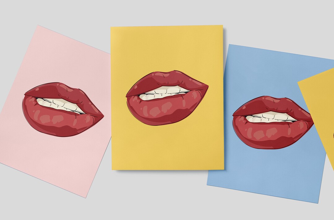 SET OF 3 Retro Lip Posters, Yellow Pink and Blue, Vibrant Pop Art, Sexy ...