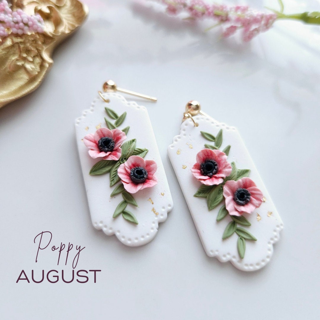 Birth Month Flower Earrings, August Poppy, Handmade Earrings, Dangle ...