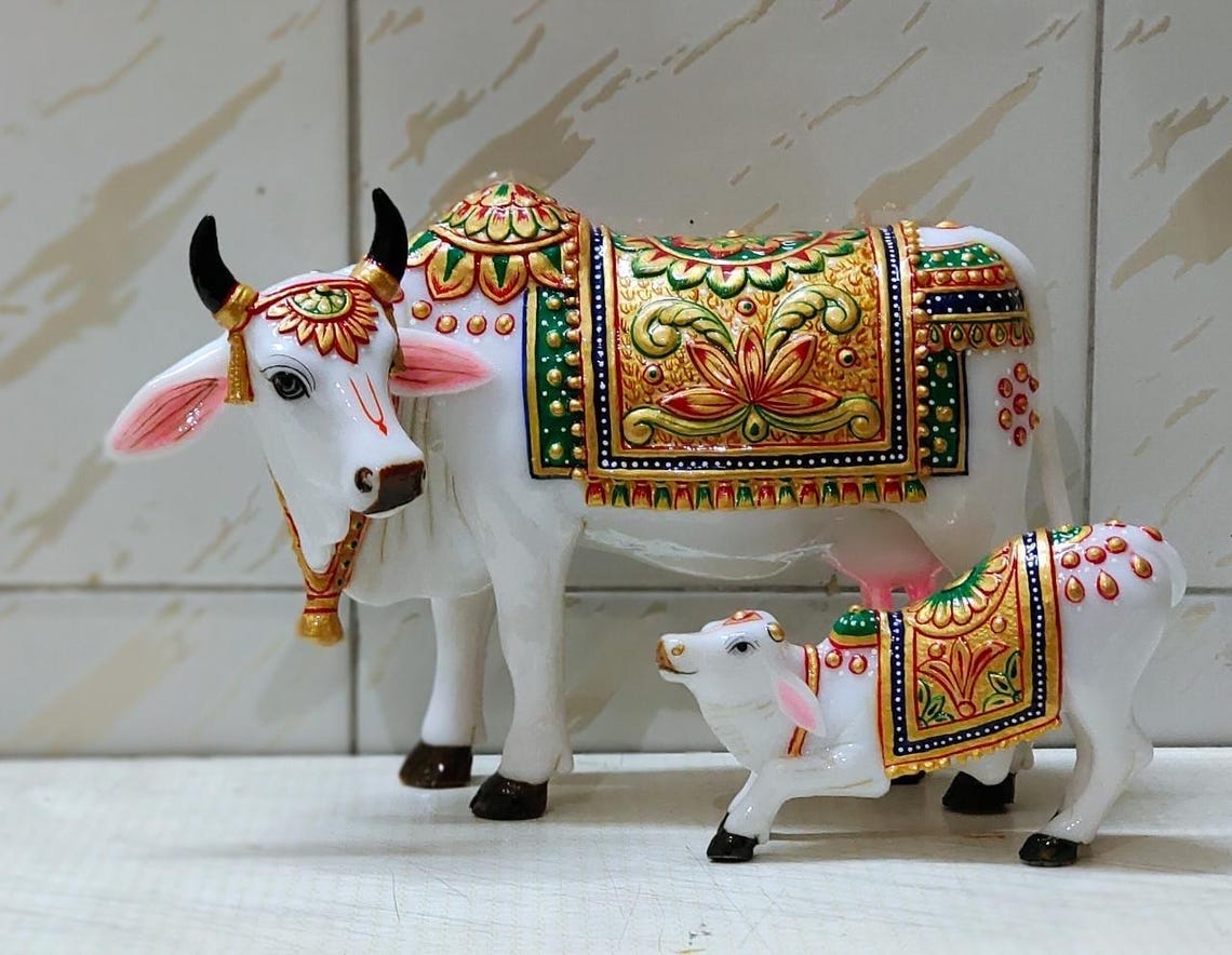Kamdhenu Cow and Calf Statue, Artificial Marble Divine Idol, Hindu Home ...