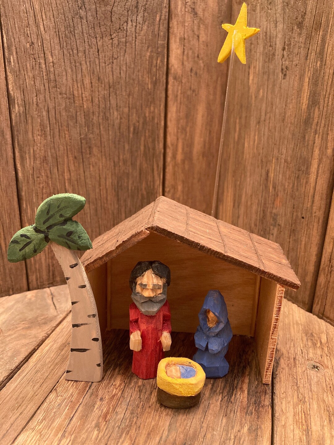 Hand Carved Micro Nativity Scene in Manger, Joseph Mary Baby Jesus ...