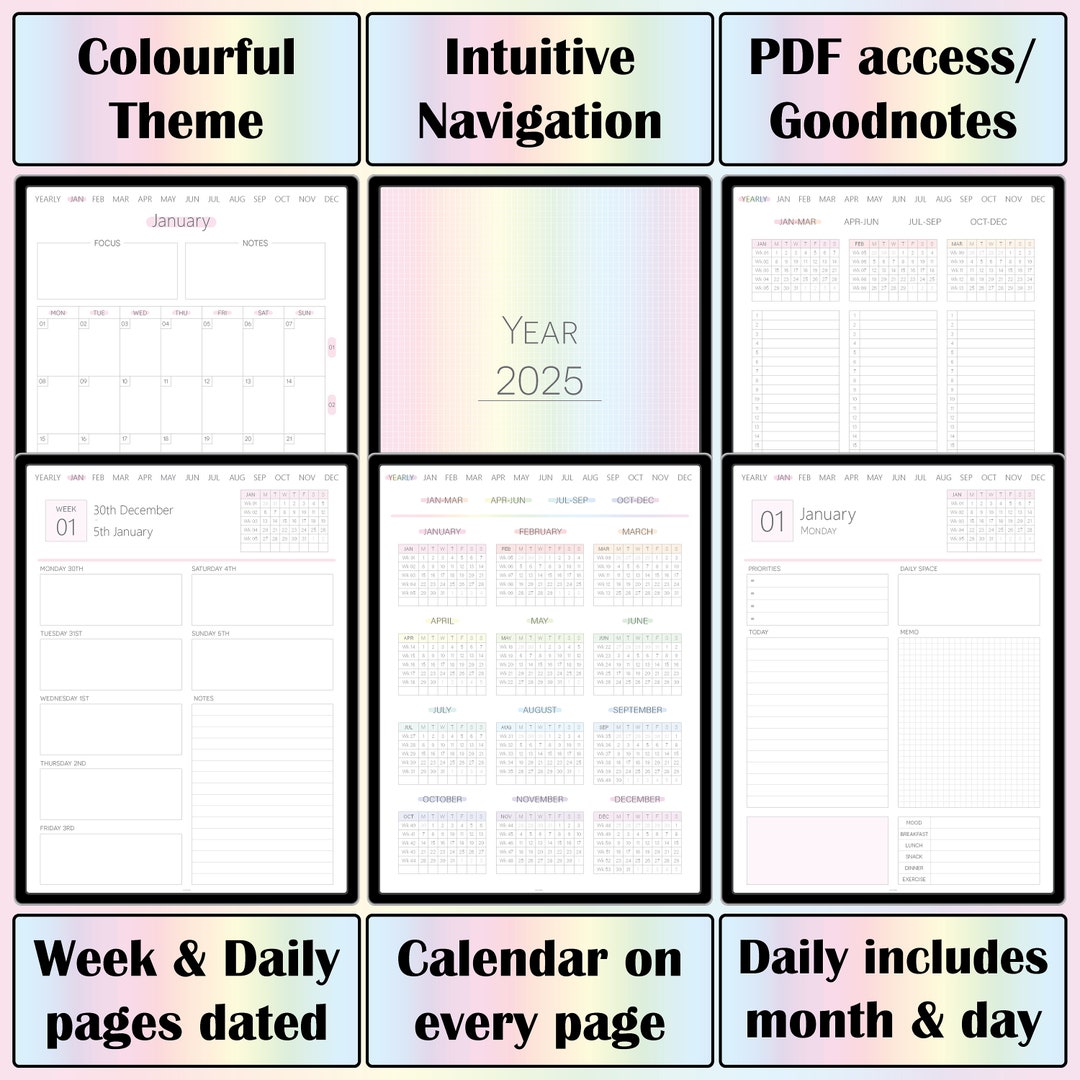 2025 Dated Digital Portrait Planner Monday Start Pastel Rainbow ...