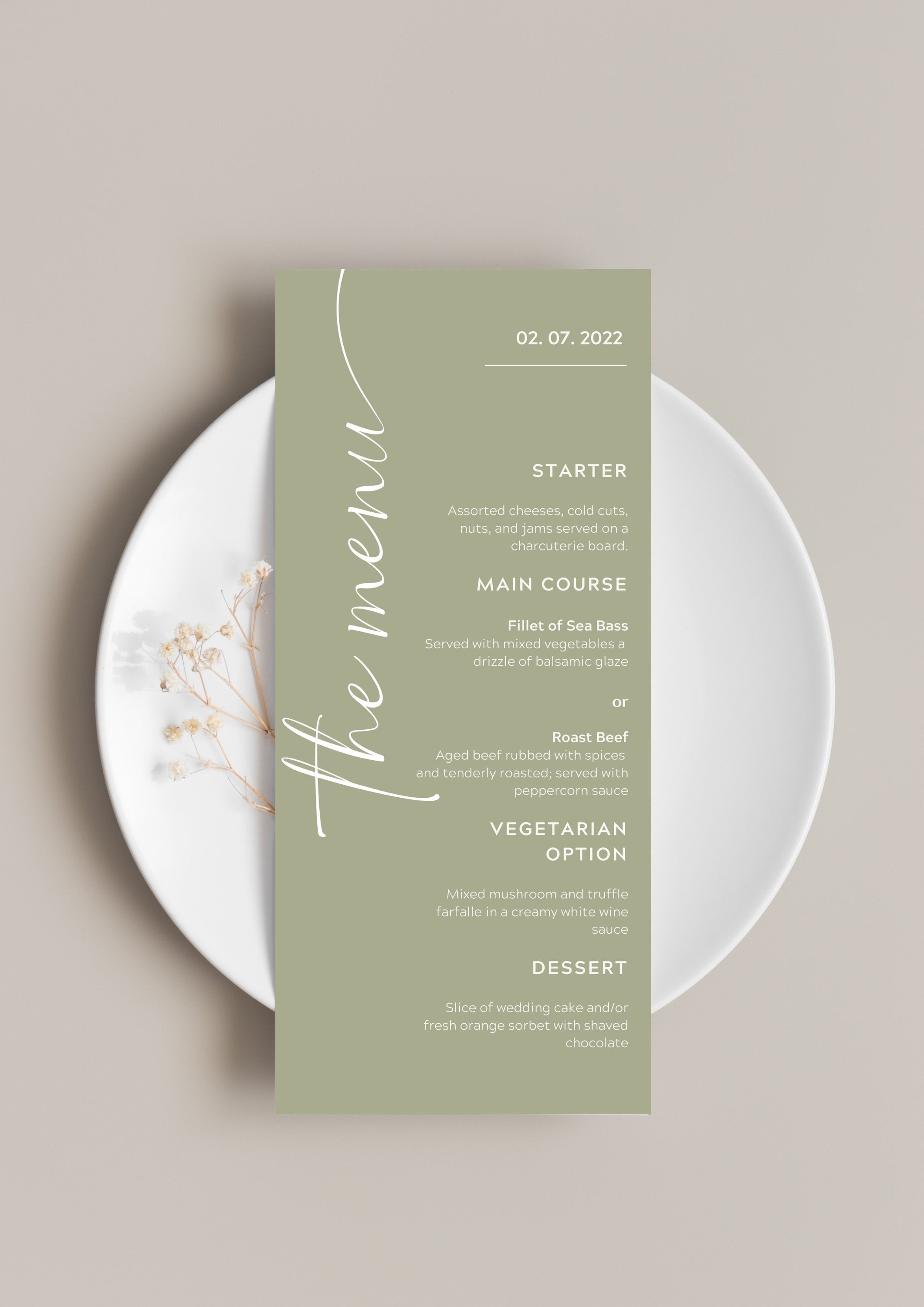 Olive Green Wedding Menu Template Printable Modern Dinner Card for ...