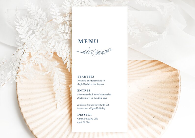 Blue Wedding Menu Card Printable Modern Dinner Card for - Etsy