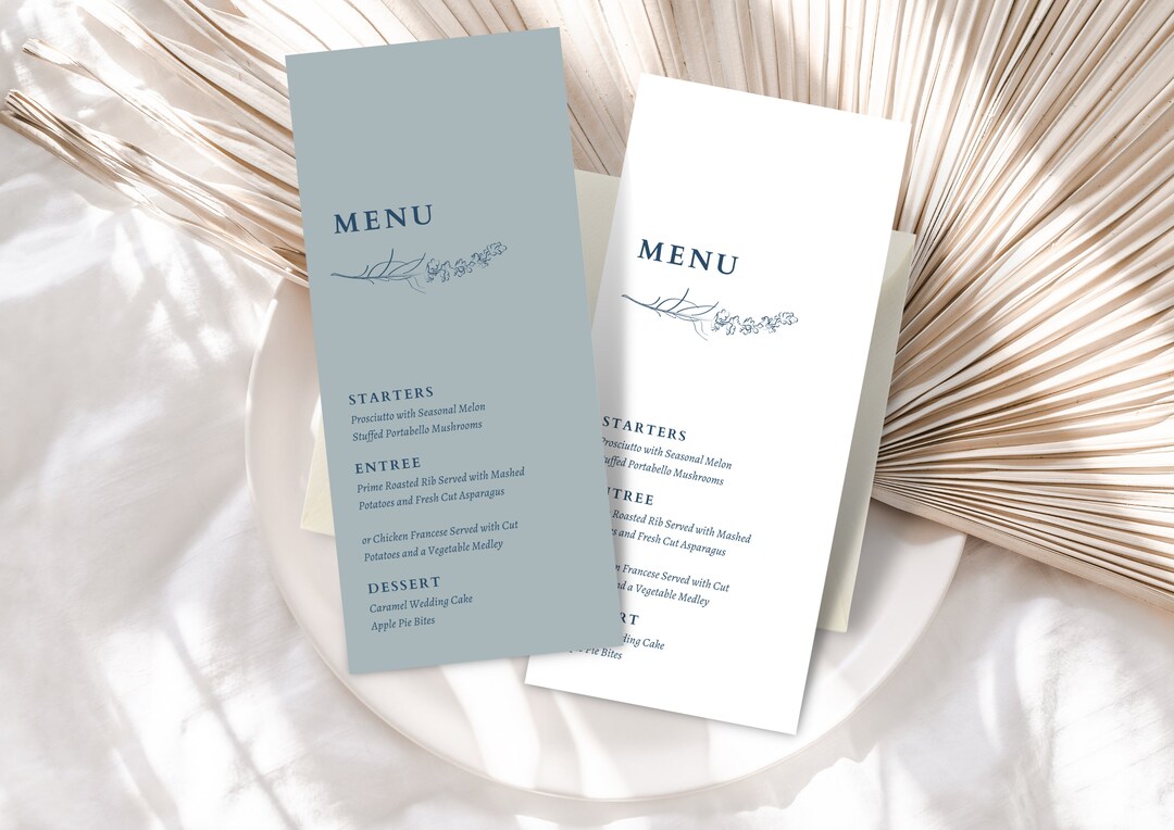Blue Wedding Menu Card | Printable Modern Dinner Card for Wedding ...