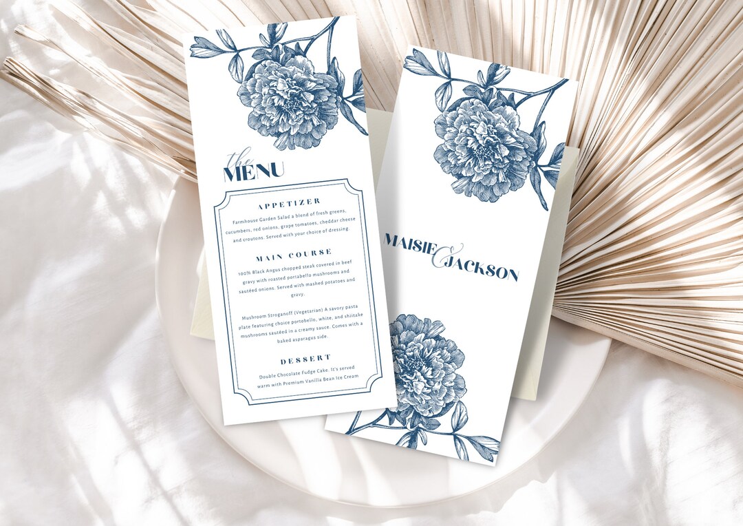 Navy Blue Menu Template | Oriental Floral Menu Card | Floral Wedding ...
