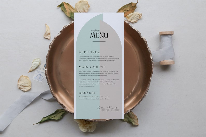 Half Arched Menu Template Editable Pastel Wedding Menu Half Arch Menu ...