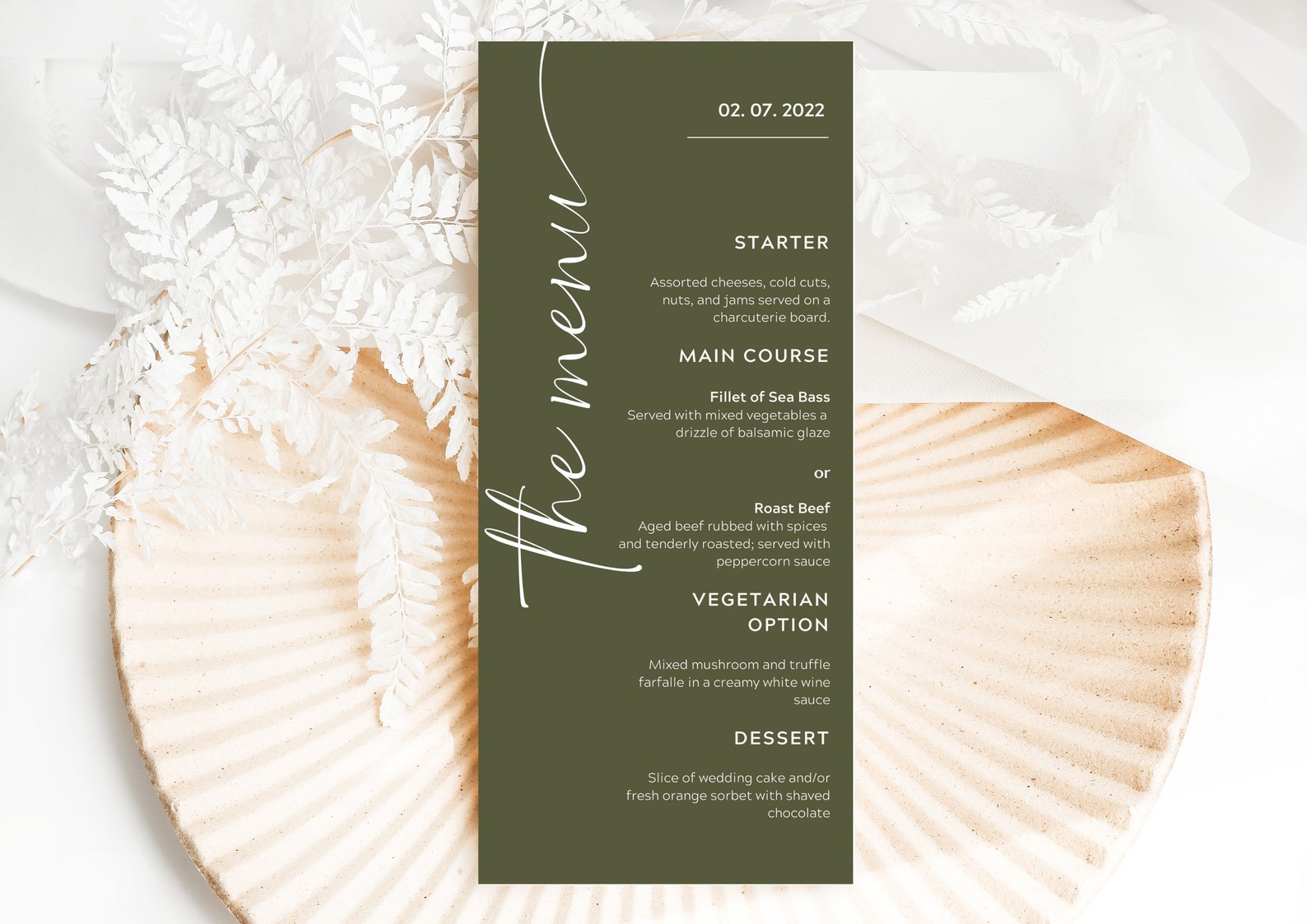 Olive Green Wedding Menu Template Printable Modern Dinner Card for ...