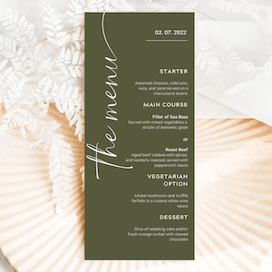Olive Green Wedding Menu Template | Printable Modern Dinner Card for ...
