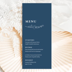 Blue Wedding Menu Card | Printable Modern Dinner Card for Wedding ...