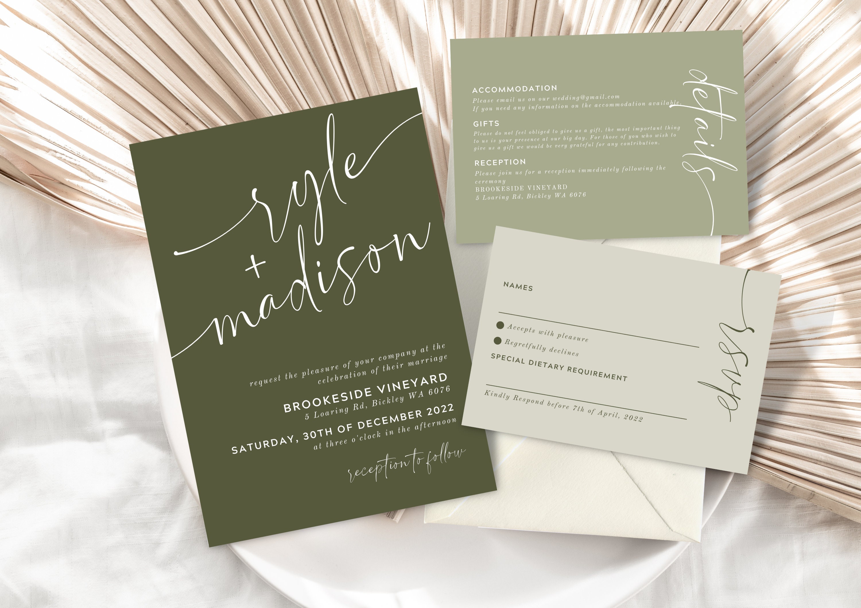 Olive Green Wedding Invitation Suite Modern Minimalist - Etsy