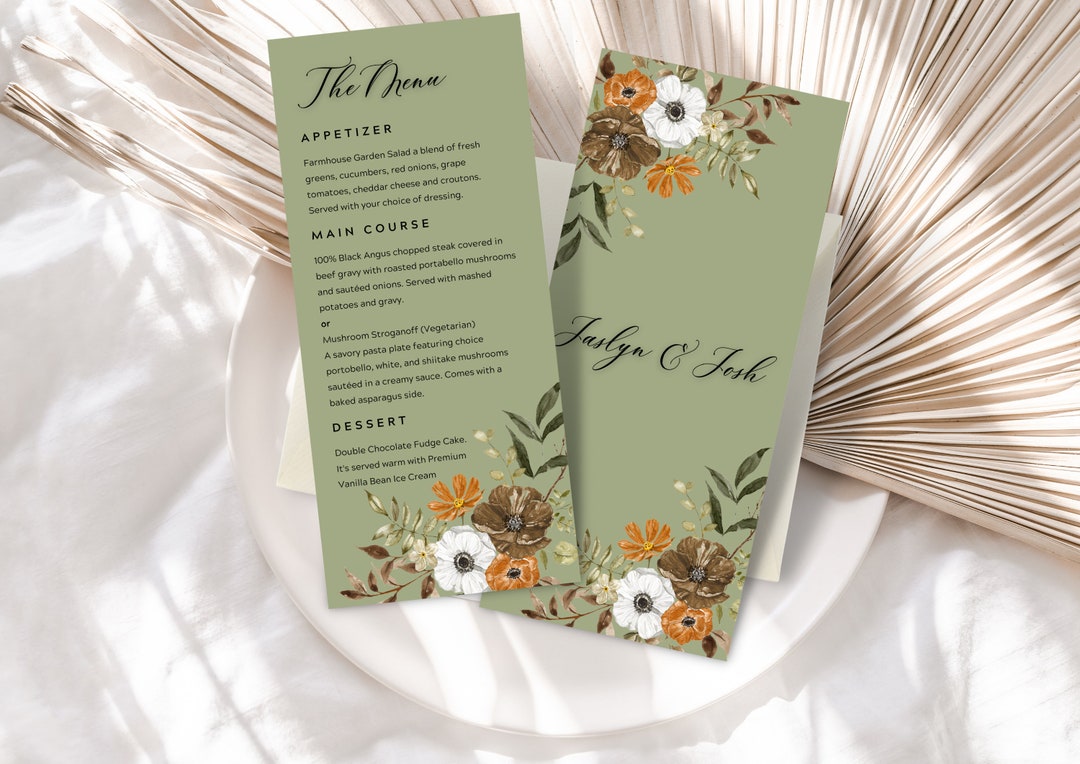 Olive Green Menu Card Template | Rust Floral Wedding Menu | Earth Tones ...