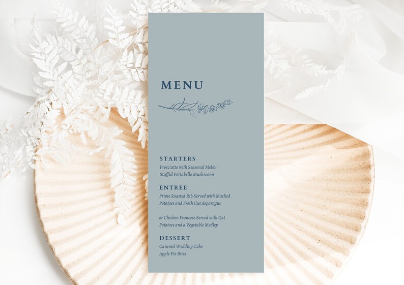Blue Wedding Menu Card Printable Modern Dinner Card for - Etsy