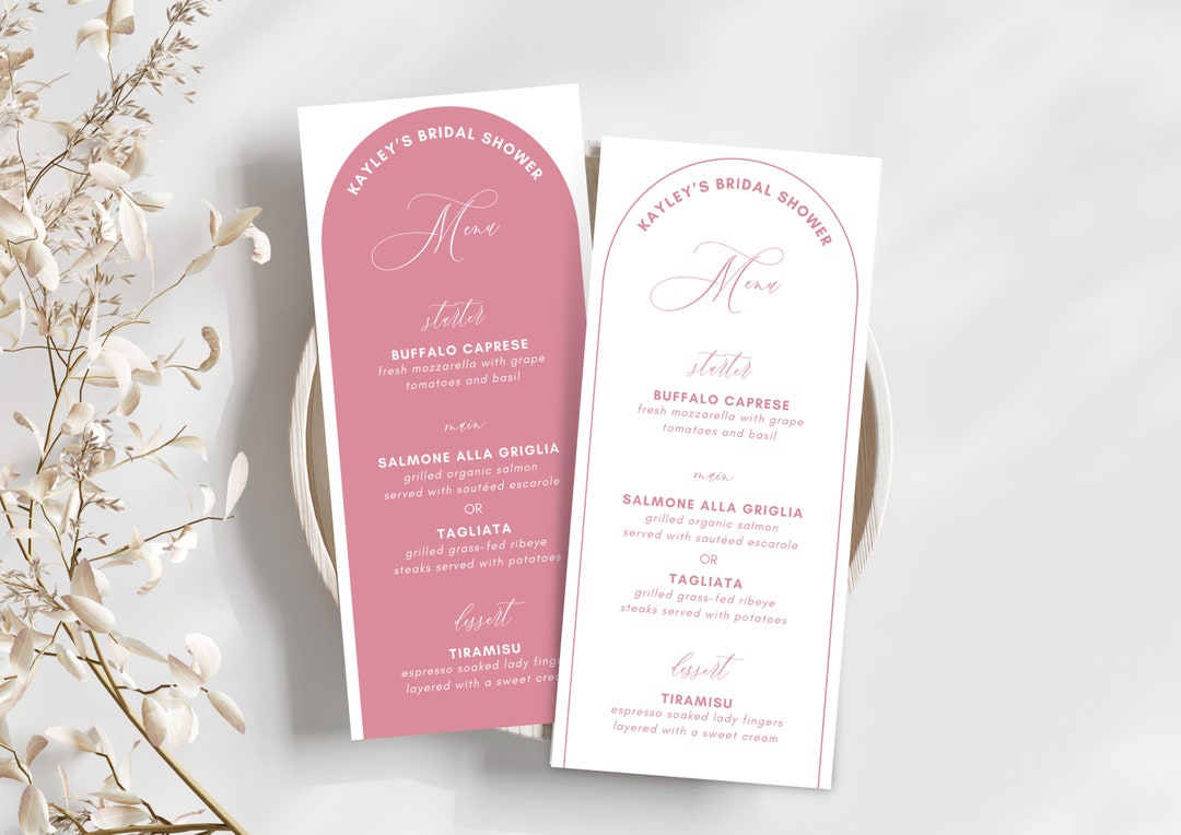 Arch Pink Menu Cards | Bridal Shower Brunch Menu | Printable Modern ...