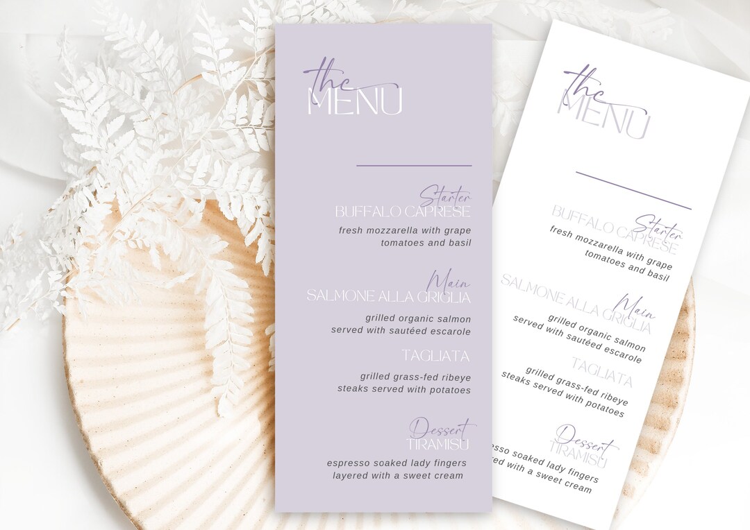 Lavender Menu Card | Printable Modern Dinner Card for Wedding, Bridal ...