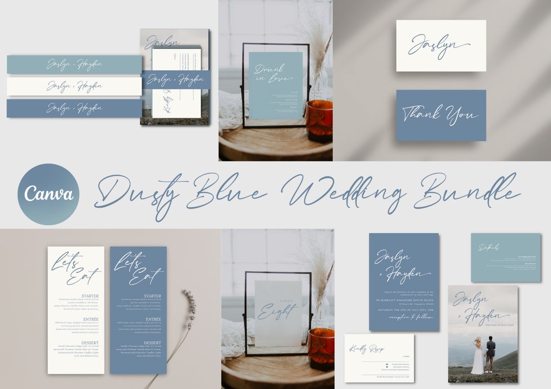 Dusty Blue Wedding Invitation Template Bundle | Dusty Blue Minimalist ...