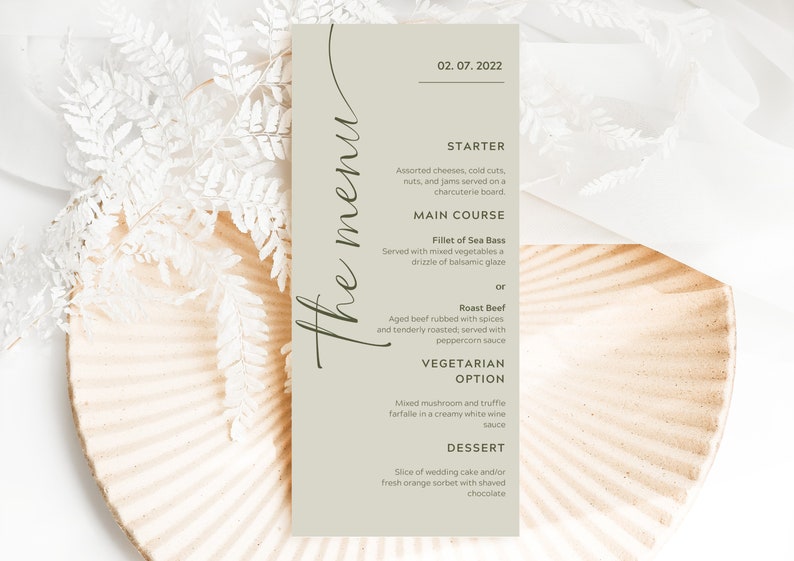 Olive Green Wedding Menu Template Printable Modern Dinner Card for ...