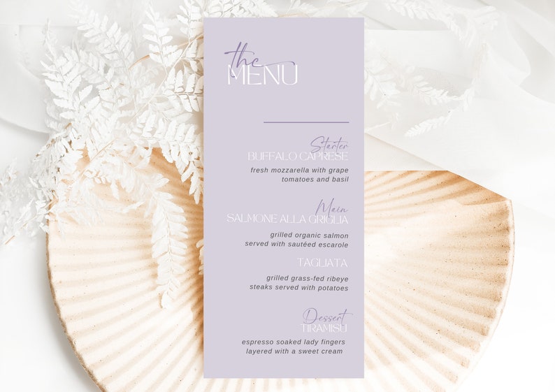 Lavender Menu Card Printable Modern Dinner Card for Wedding - Etsy