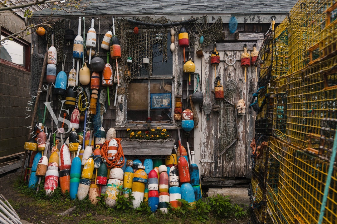 Lobster Bouys on Shed / Old Bouys on Fishing Shack / Nautical Photo ...