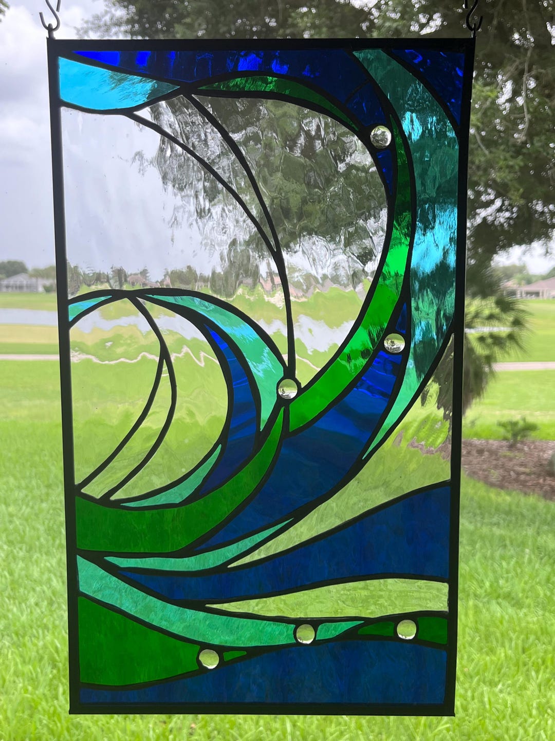 Beautiful Wave Like Stained Glass Window Hanging in Blues and Greens - Etsy