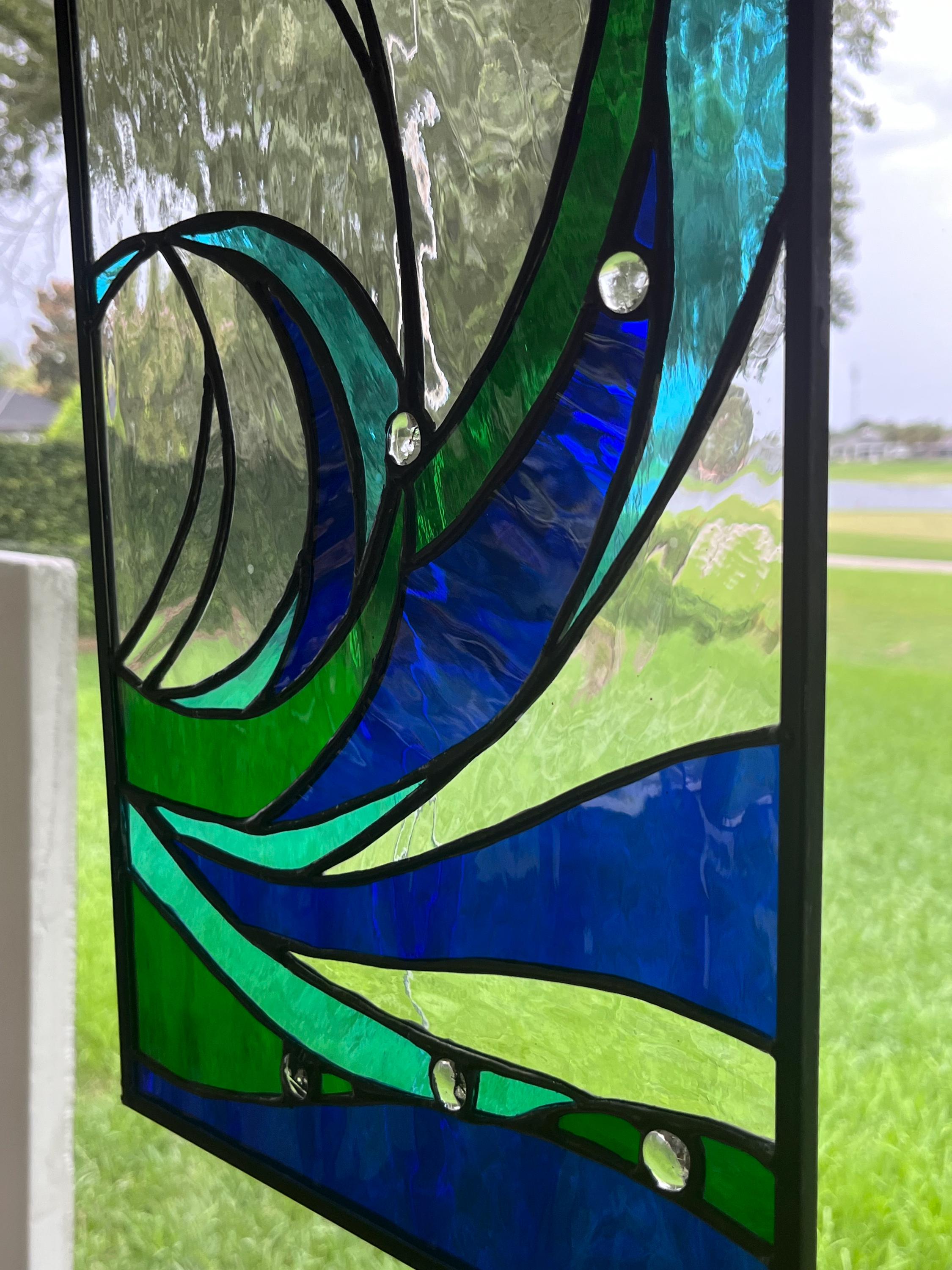 Beautiful Wave Like Stained Glass Window Hanging in Blues and Greens - Etsy