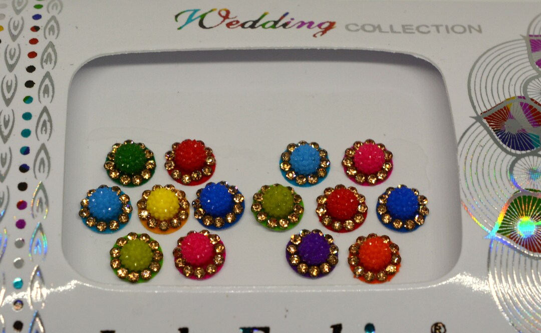 Multi Color Round Stone Bindis, Wedding Bindis, Designer Golden Bindis, Bollywood Bindis, Self ...
