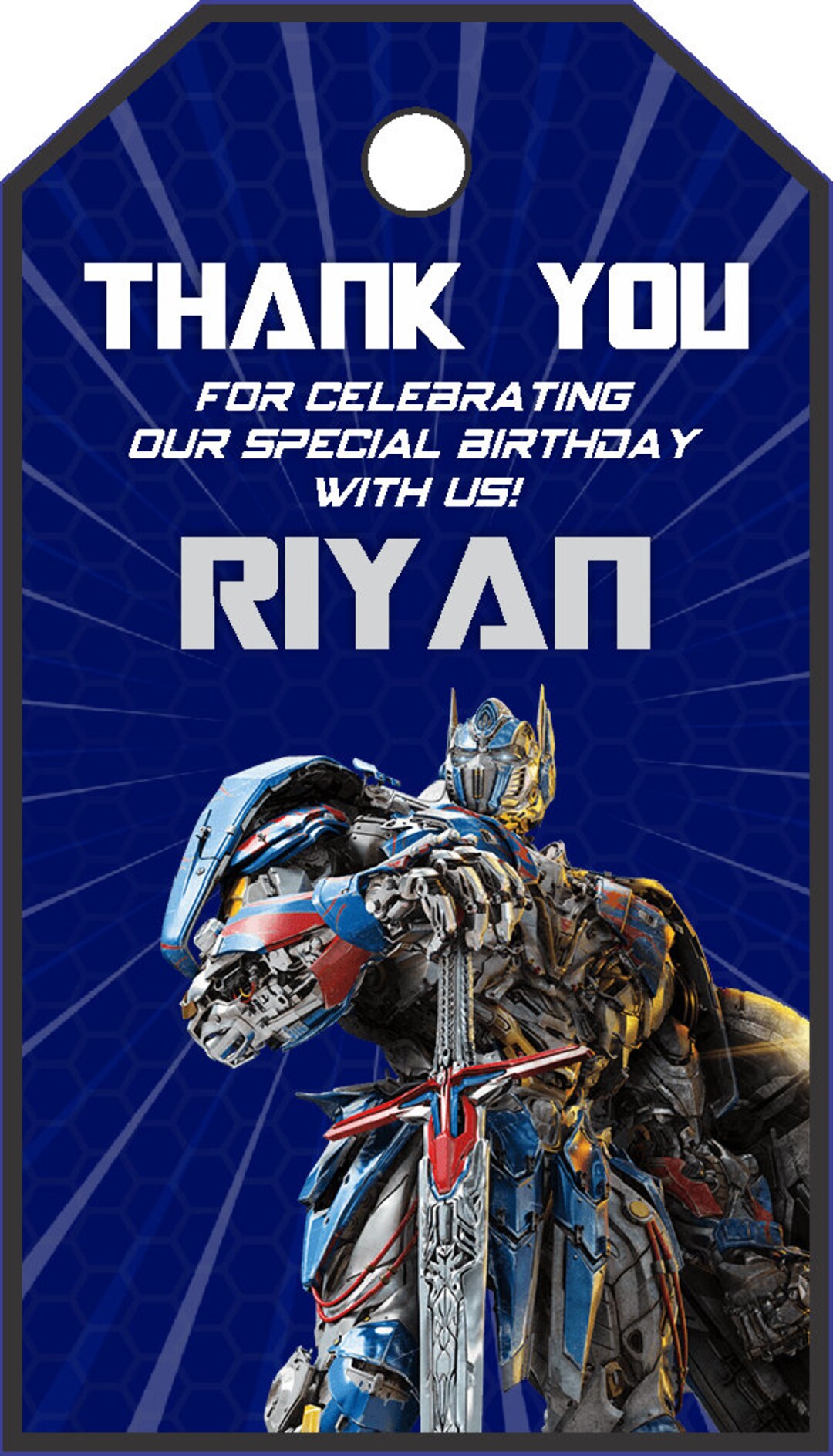 Thank You Tag|party Supplies|transformer Optimus Prime Thank You Tag ...