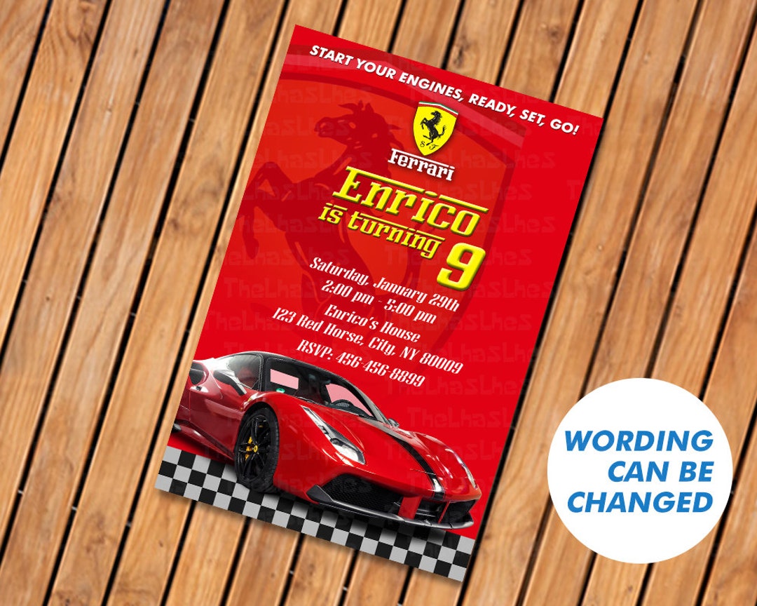 Ferrari Cars Funny Birthday Invitation, Race Car Birthday Party, Race ...