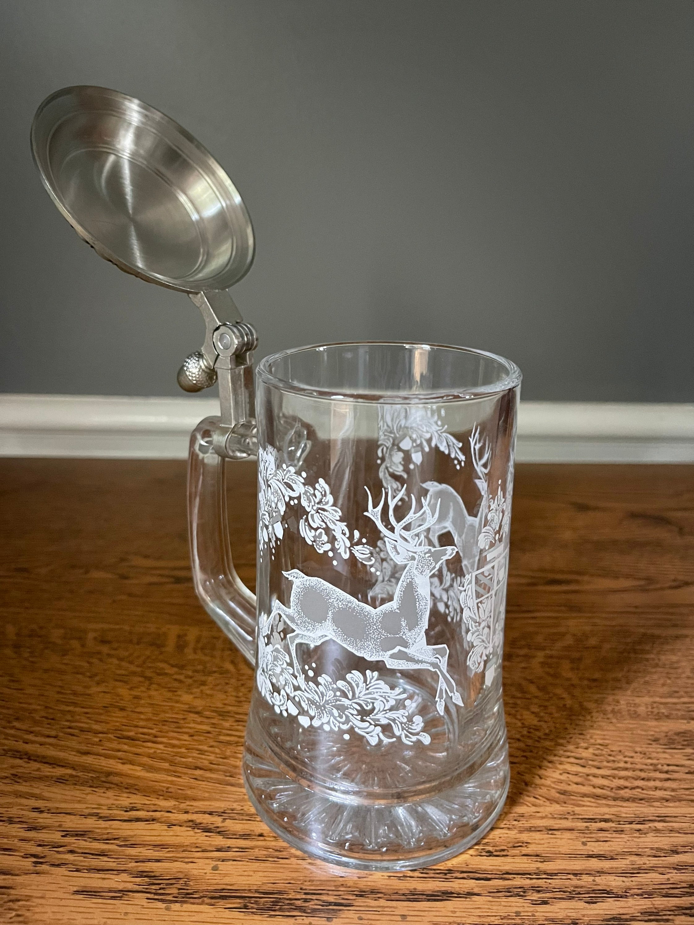 Vintage Etched Glass German Beer Stein With Pewter Lid White - Etsy