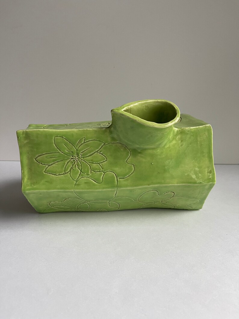 Green Pottery Vase Unique Shaped Vintage Long Lime Green Vase Funky ...