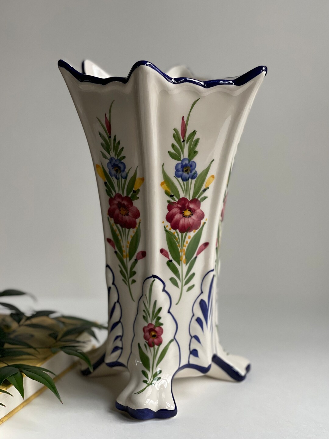 Vintage Hand Painted 408 Marked Ceramic Vase. 10.5”. Six Sides & Three ...