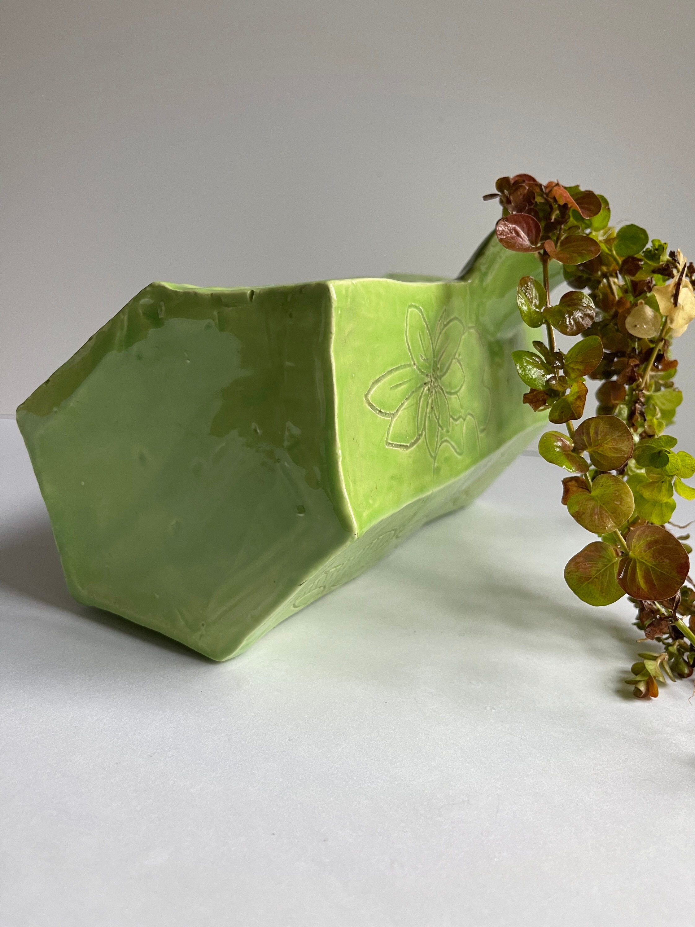 Green Pottery Vase Unique Shaped Vintage Long Lime Green Vase Funky ...