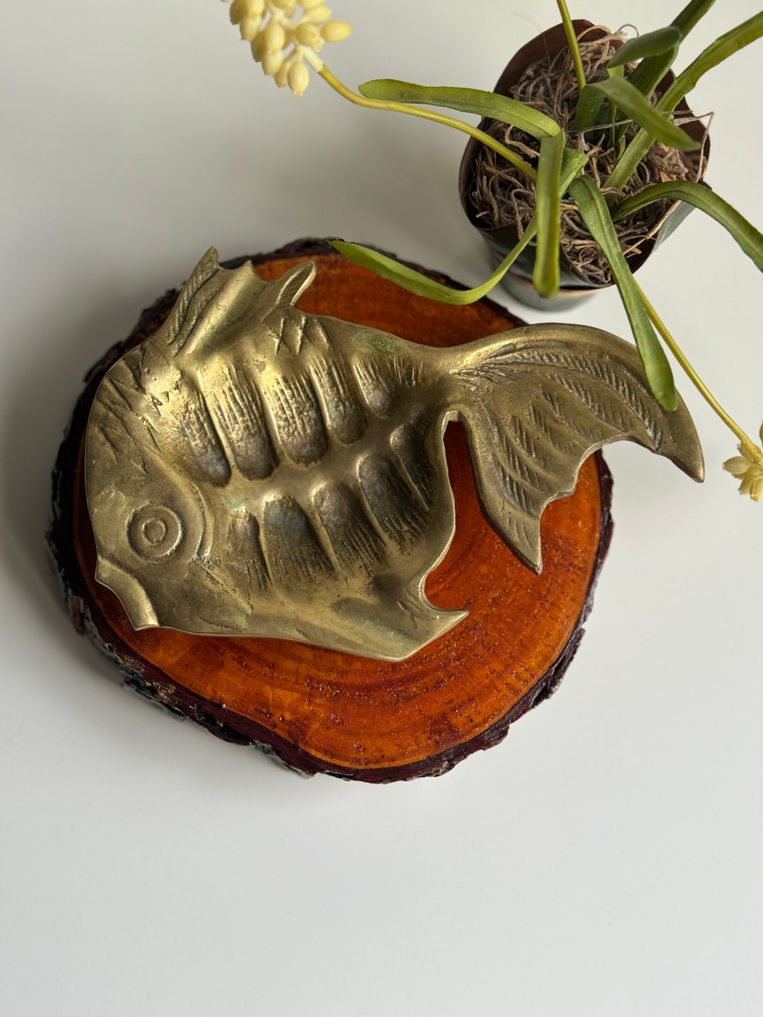 Vintage Solid Brass Footed Gold / Angel / Koi Fish Trinket Dish Tray ...