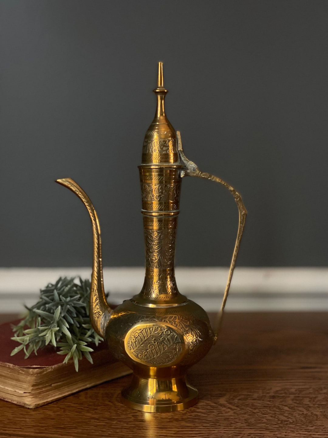 Vintage Engraved Brass Oil Pitcher Turkish Coffee Tea Dallah Pot Gold ...