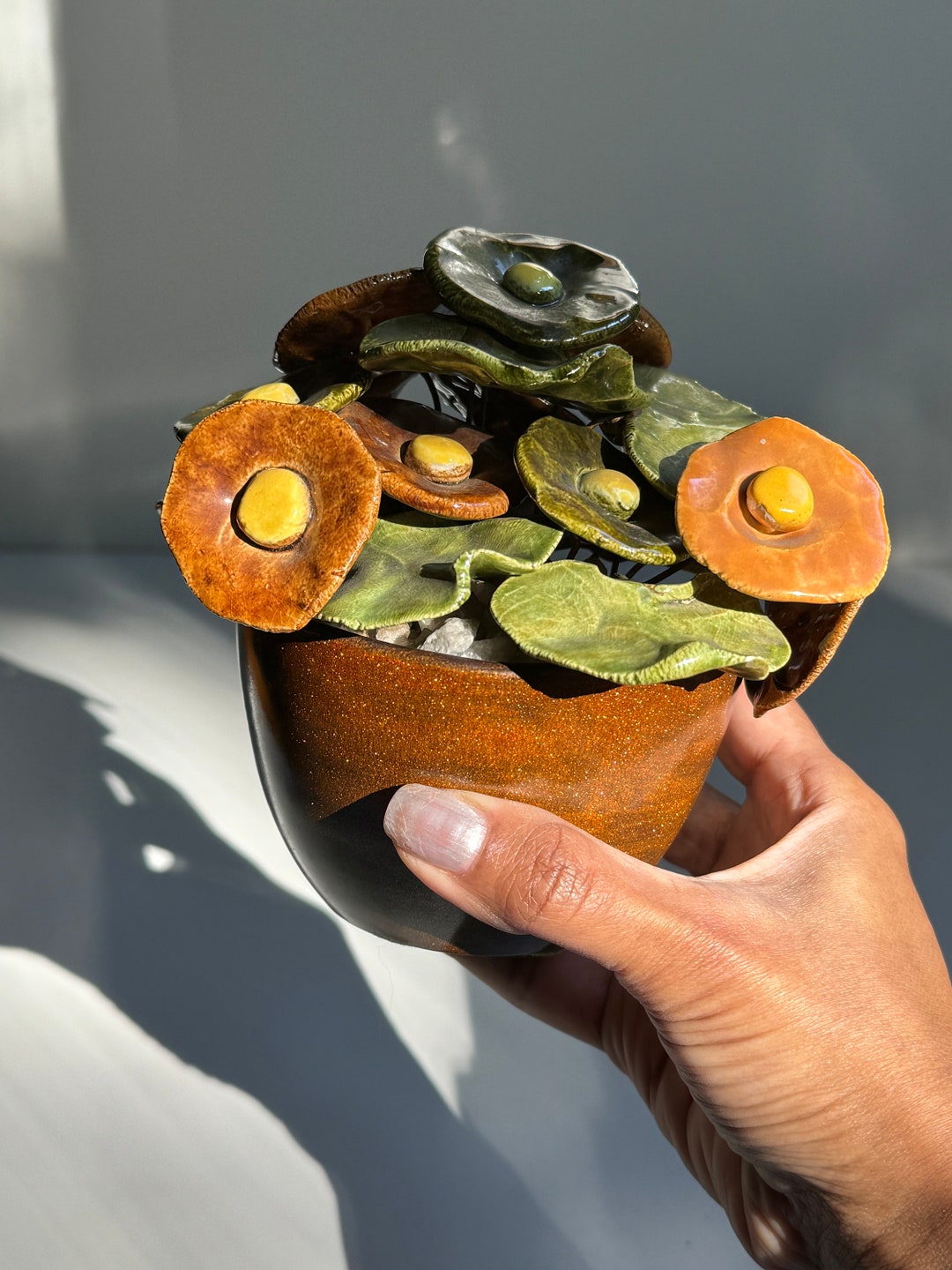 Vintage Handmade Pottery Ceramic Flower Arrangement With Leaves Intact ...