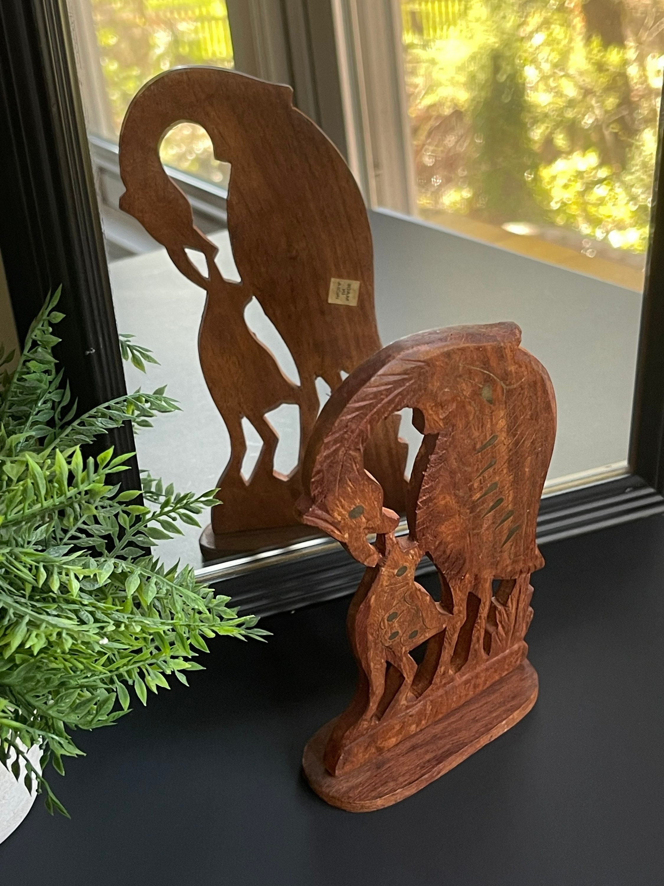 Vintage MCM Hand Carved Wooden Heron Sculpture: Brass Inlay Bird Decor ...