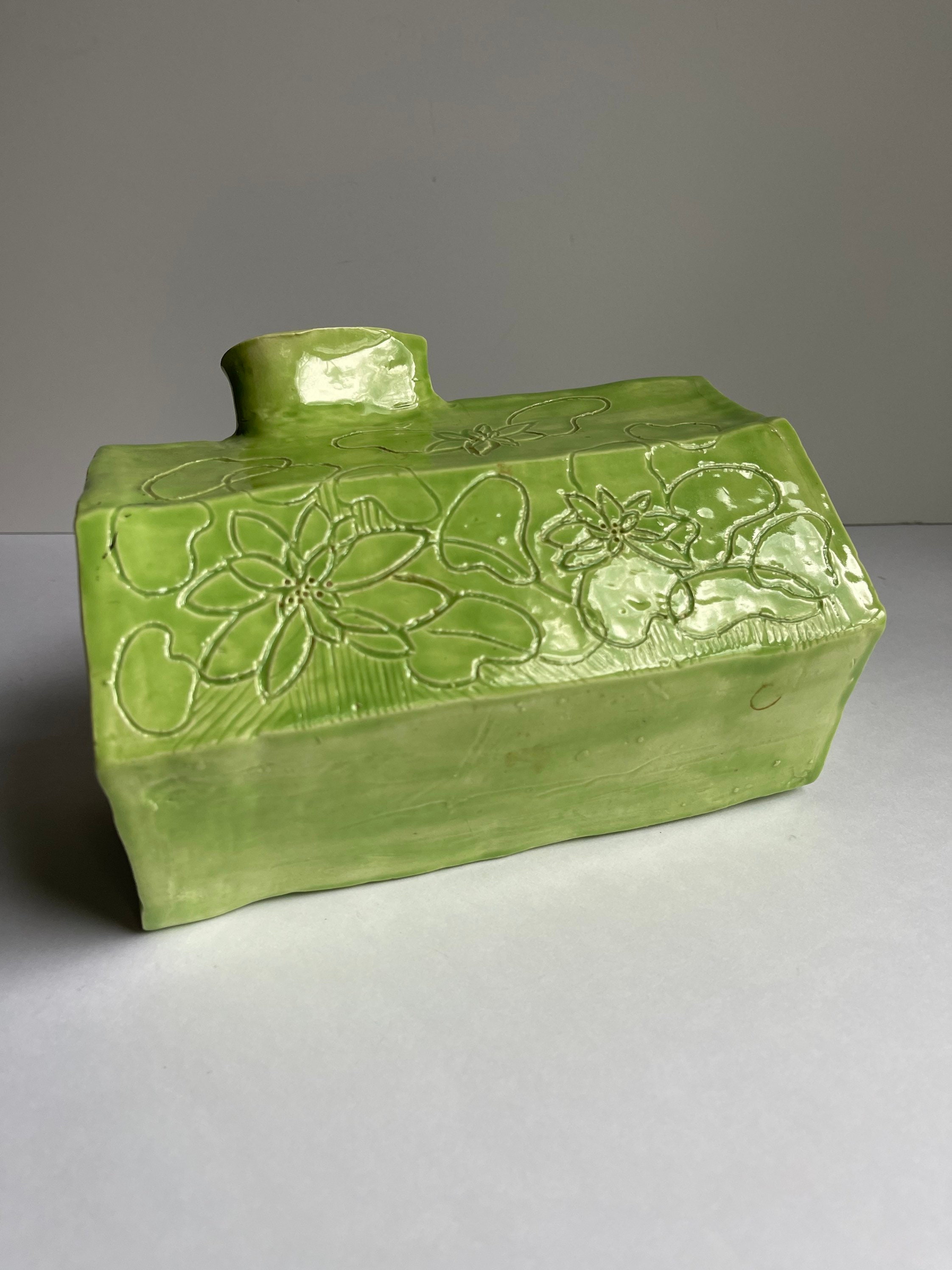 Green Pottery Vase Unique Shaped Vintage Long Lime Green Vase Funky ...