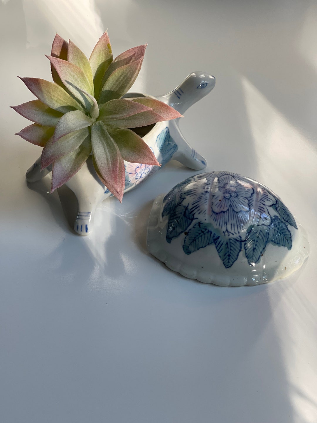 Vintage Hand Painted Porcelain Chinoiserie Lucky Tortoise Trinket ...