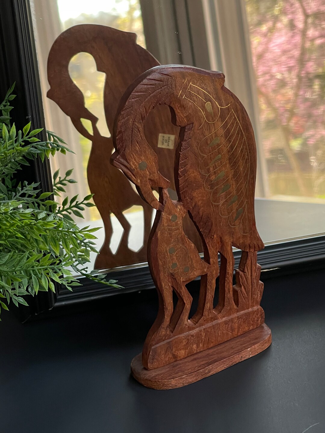 Vintage MCM Hand Carved Wooden Heron Sculpture: Brass Inlay Bird Decor ...