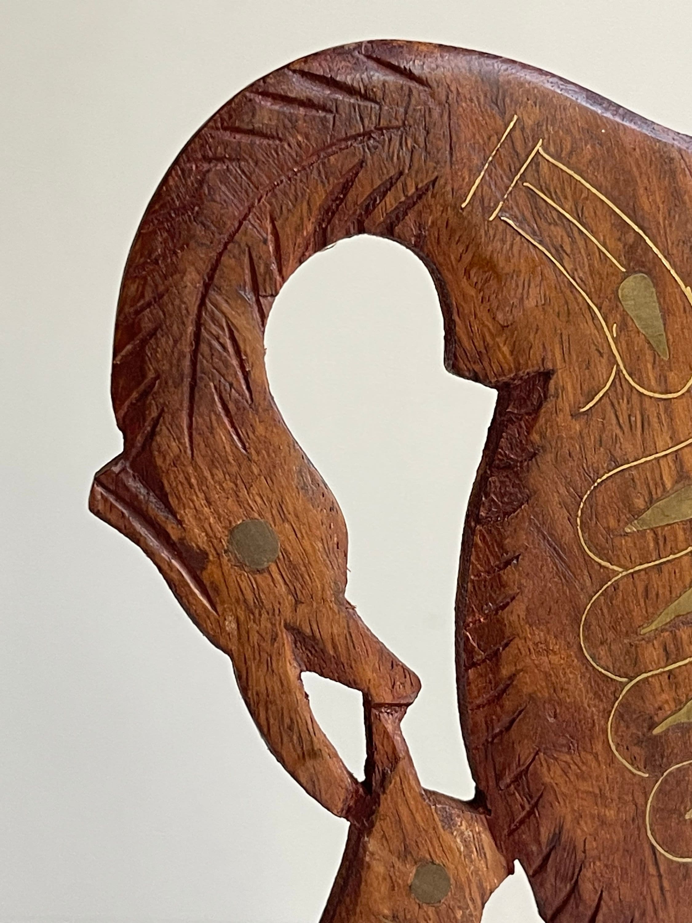 Vintage MCM Hand Carved Wooden Heron Sculpture: Brass Inlay Bird Decor ...