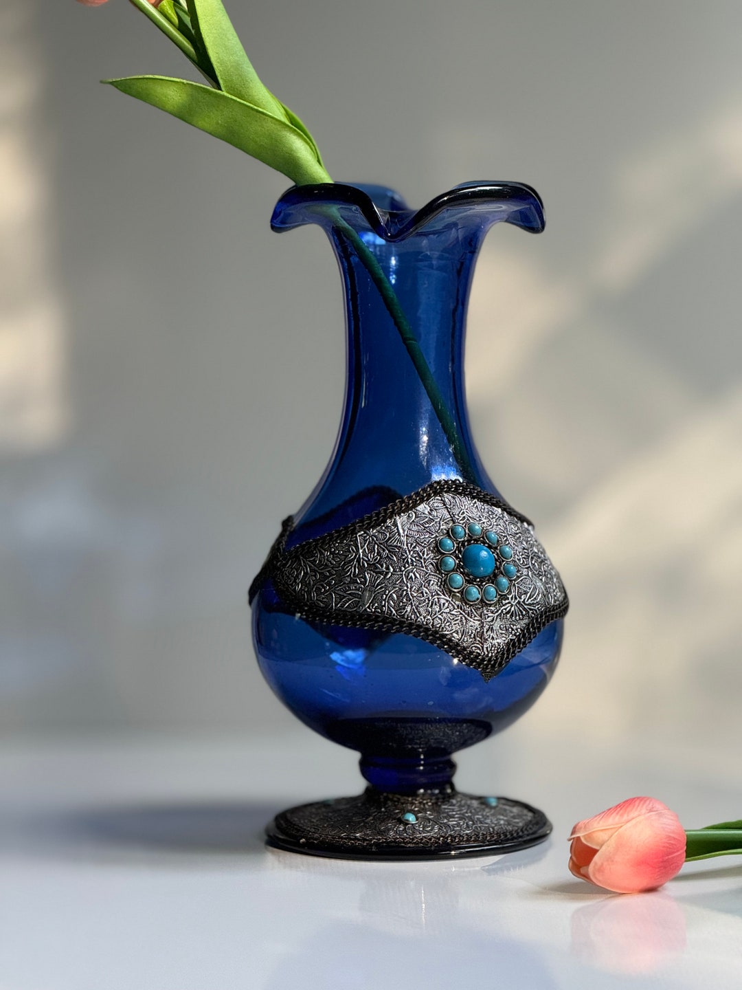 Vintage Cobalt Blue Moroccan Ruffled Glass Vase With Beads/chains ...